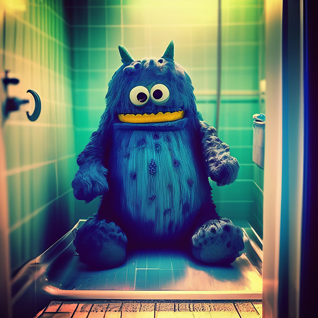 "Cute monster in the shower" — image created in Shedevrum