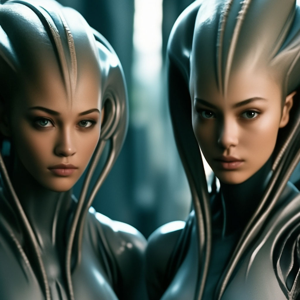 "2 beautiful alien girls of various races,big bust, maximum cleavage ...