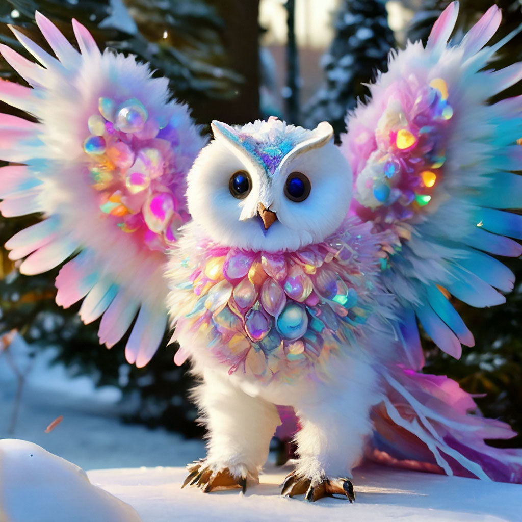 "Beautiful fluffy dragon owl near the Christmas tree, big eyes, very ...