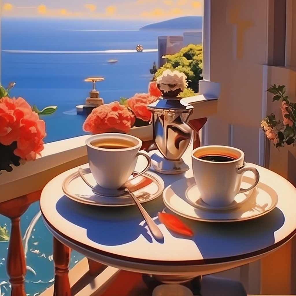 "Good morning! Romance. Summer. Coffee for two." — image created in ...
