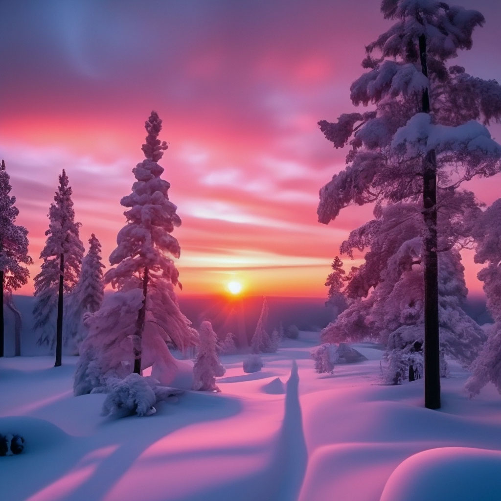 "Nature. Pink sunset, bright saturated colors, surrealism, trees in the ...