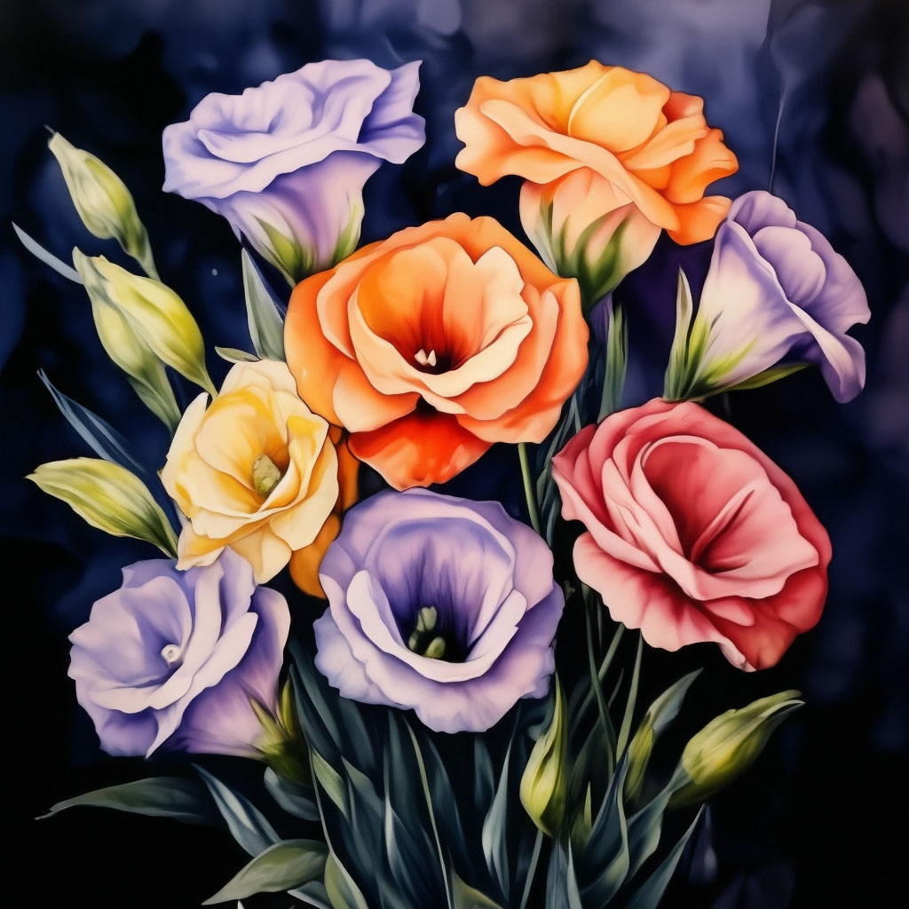 "Bouquet of eustoma flowers, multicolored mix, pencil, drawing, dark ...
