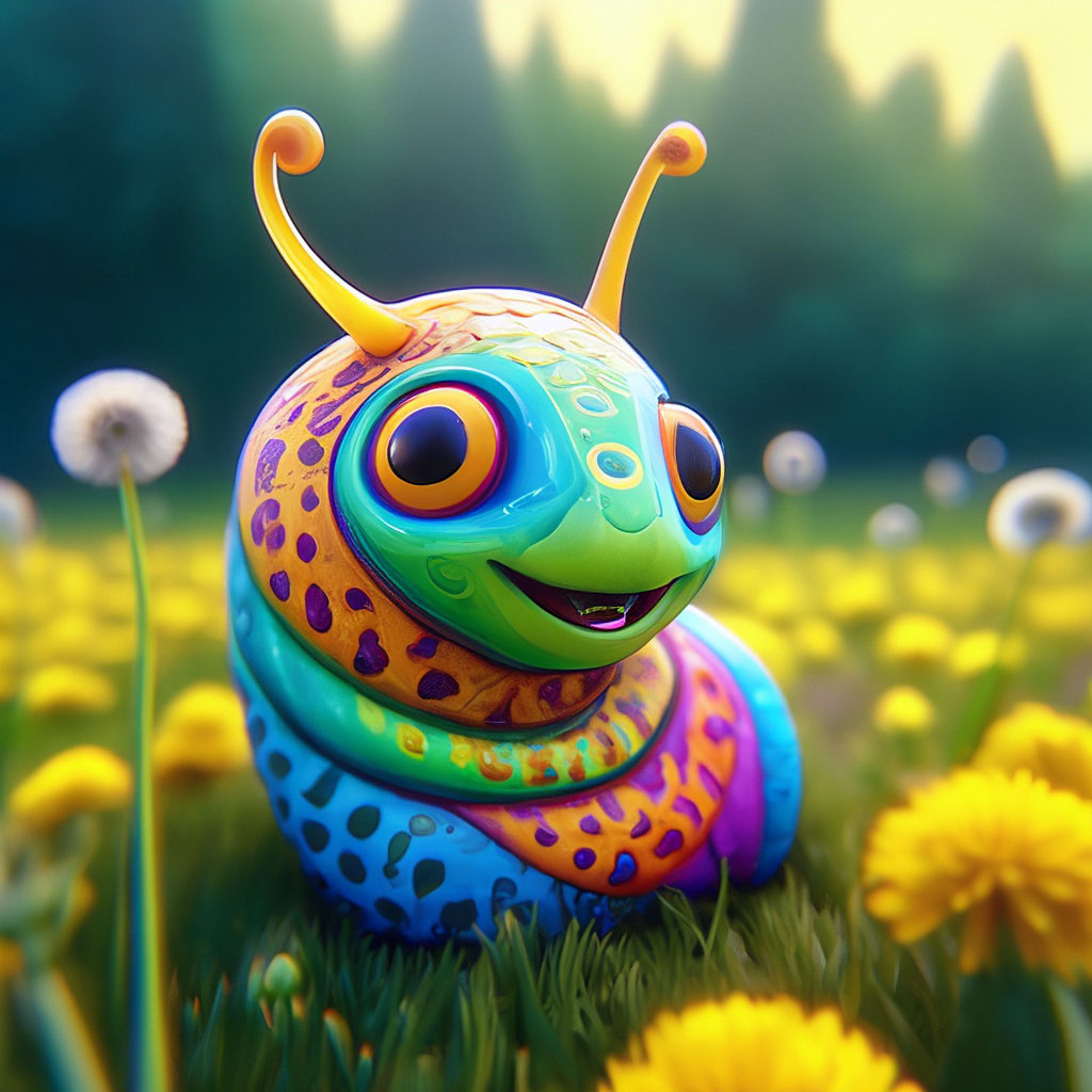 "Anthropomorphic patterned multicolored slug homunculus, cute face, eye ...