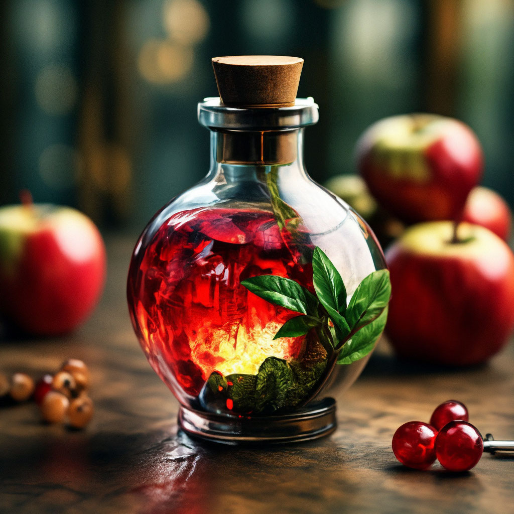 "Rejuvenating apple - a bottle with a magical elixir of youth inside ...