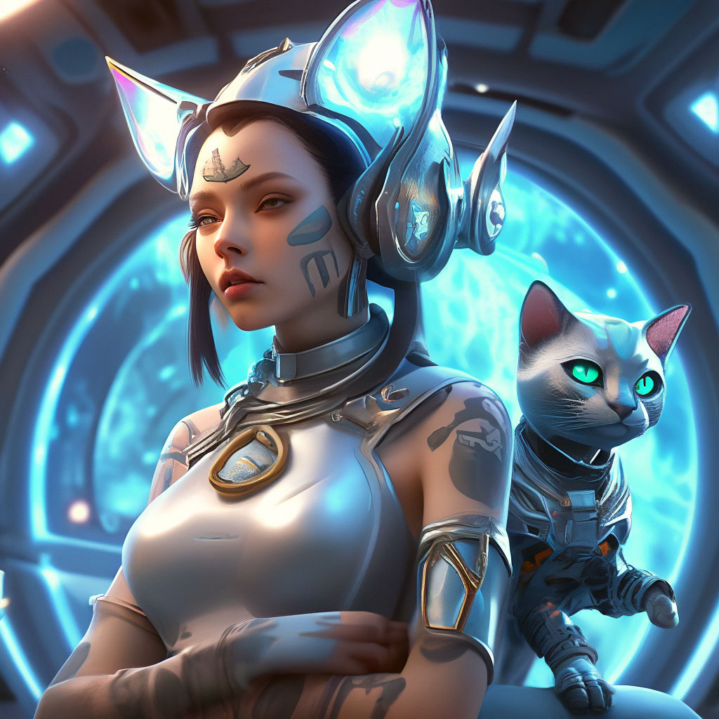 "A beautiful alien cat all in glowing runic tattoos, a strange silver ...
