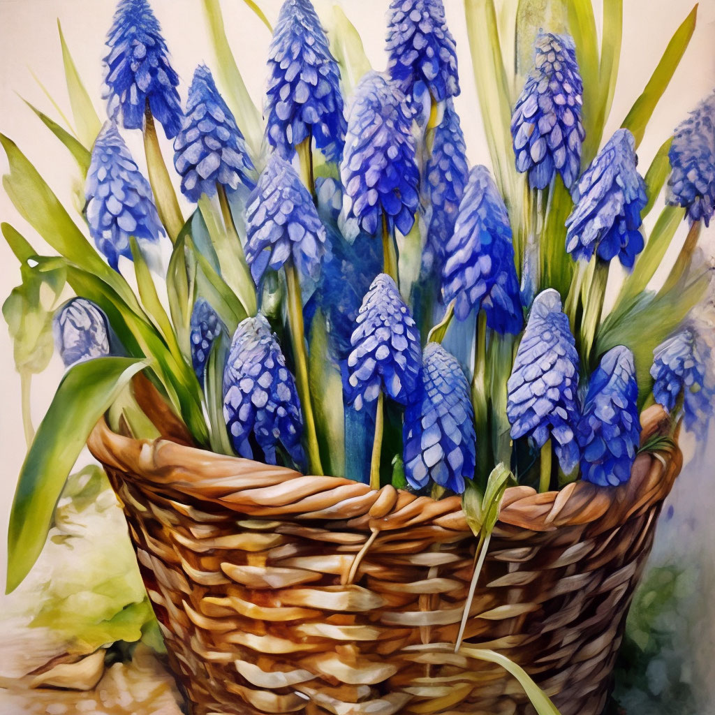 "Watercolor , fine drawing, muscari flowers in a wicker basket, on thaw ...