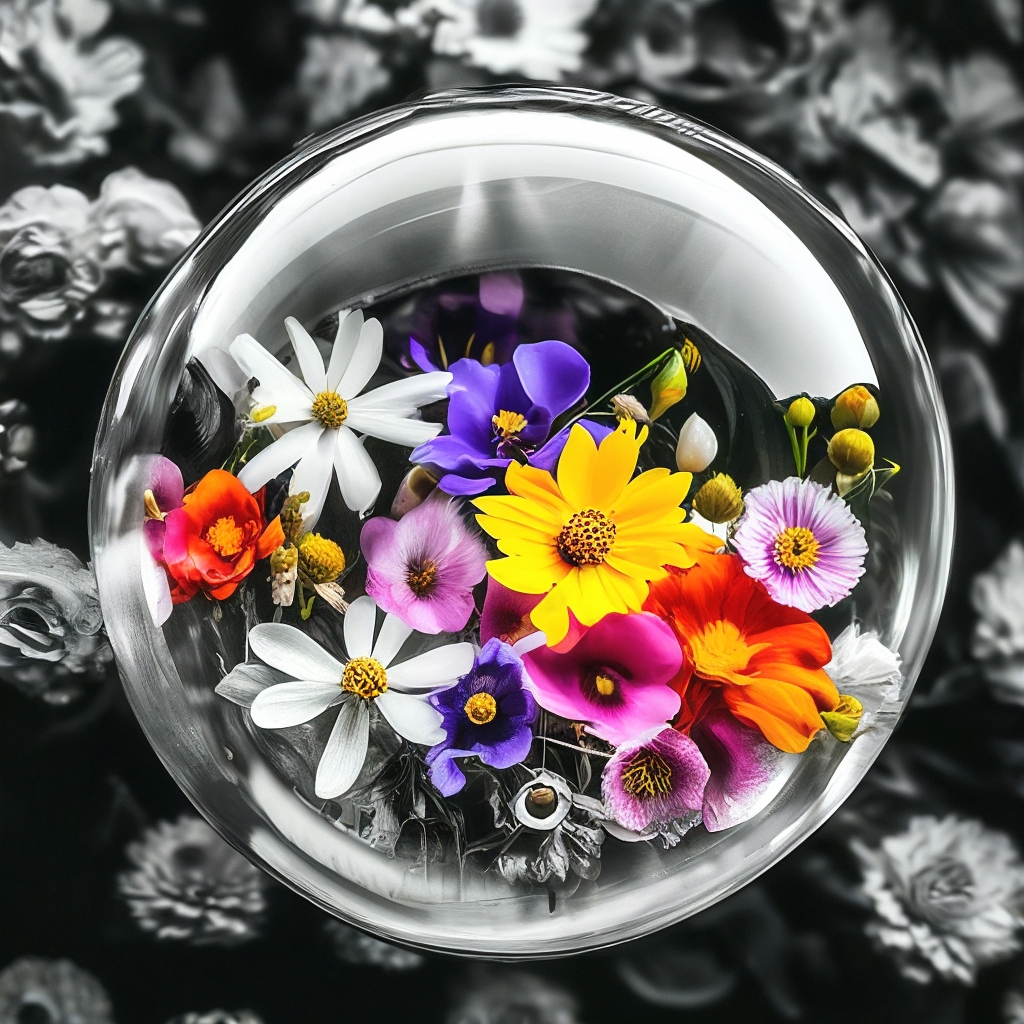 "Floral colorful world of flowers inside a black and white bubble ...
