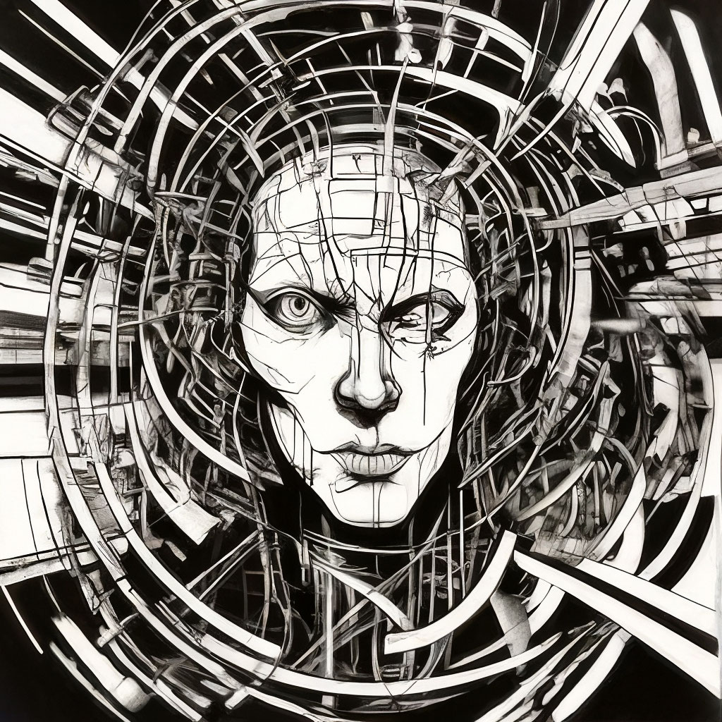 "A drawing of a schizophrenic, many lines through which a frightening ...