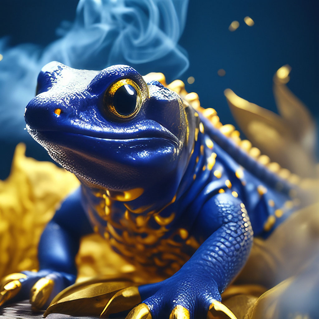 "Sweet salamander, indigo color, voluminous, golden lines, studio ...