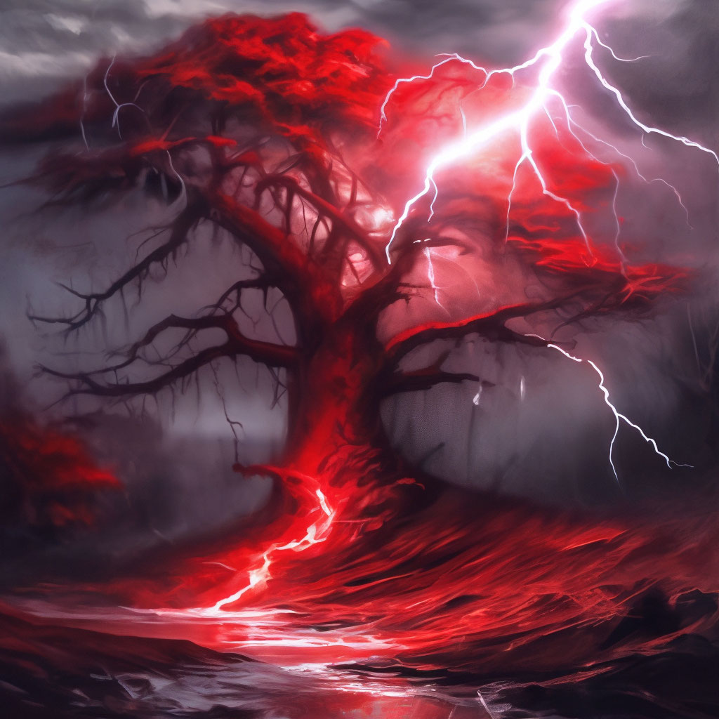 "Lightning hits a tree, red splashes, horror, pain, horror, nightmare ...