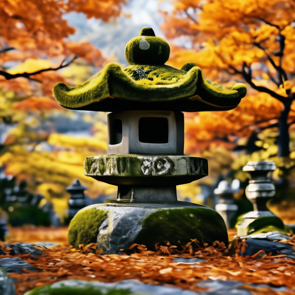 "Japanese stone lantern in yellow foliage, high resolution, high ...