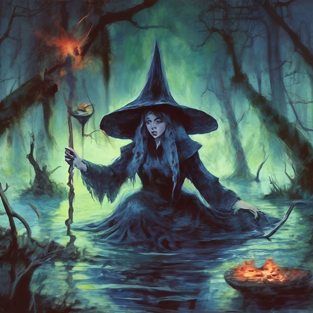 "The terrible witch is drowning in the swamps" — image created in Shedevrum