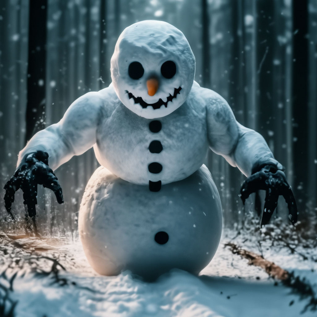 "Creep giant snowman chasing, at the woods, laser eyes, at night ...