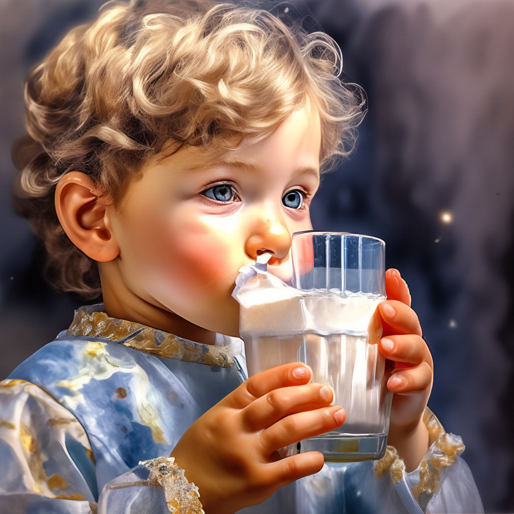"A child drinks kefir, a trace of kefir under his nose,three ...