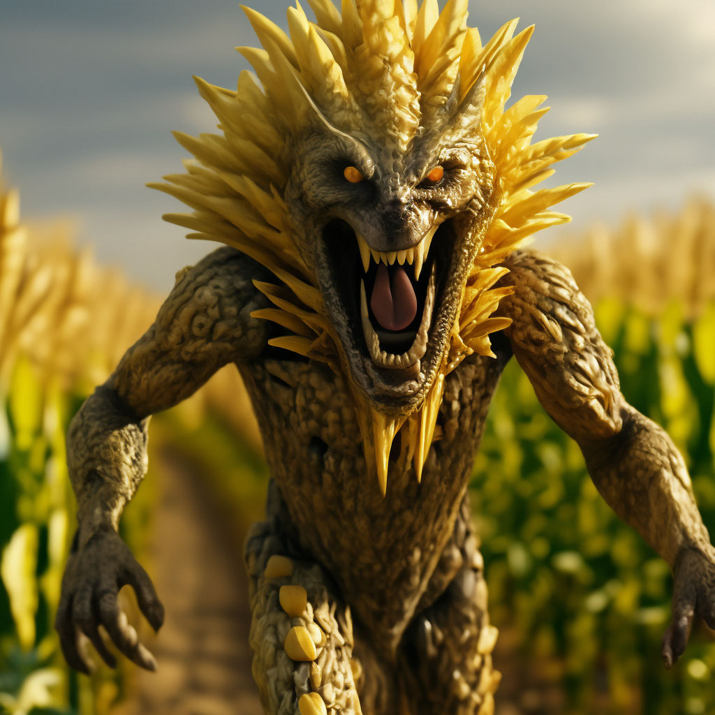 "Corn monster runs, full-length, 64k, 3D, high detail, high realism ...