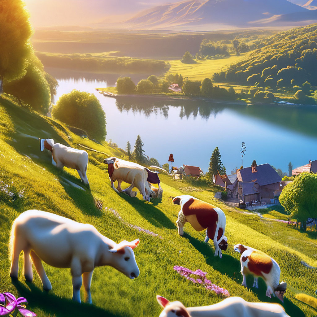 "Shepherd with a whip, cows and sheep grazing on the slope, slope above ...