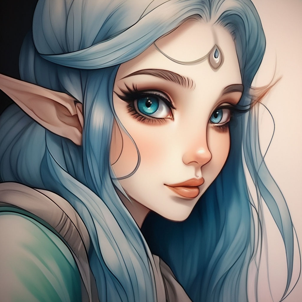 "A very beautiful elf girl with long eyelashes and huge eyes ...