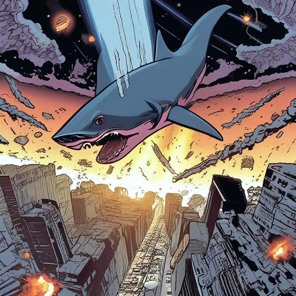 "Comic, asteroid, shark, fall, city, apocalypse, escape attempt, from ...