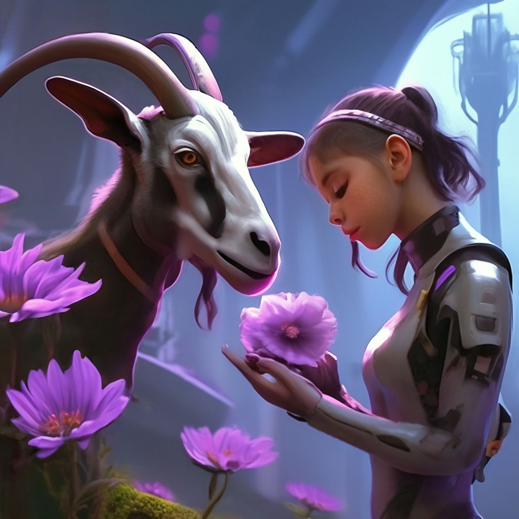 "A beautiful 9+ girl feeds a goat man with a violet flower" — image ...