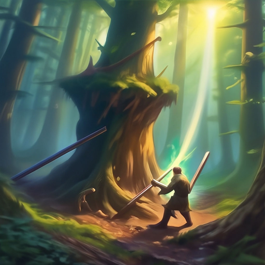 "Chopping down a tree in a magical forest" — image created in Shedevrum