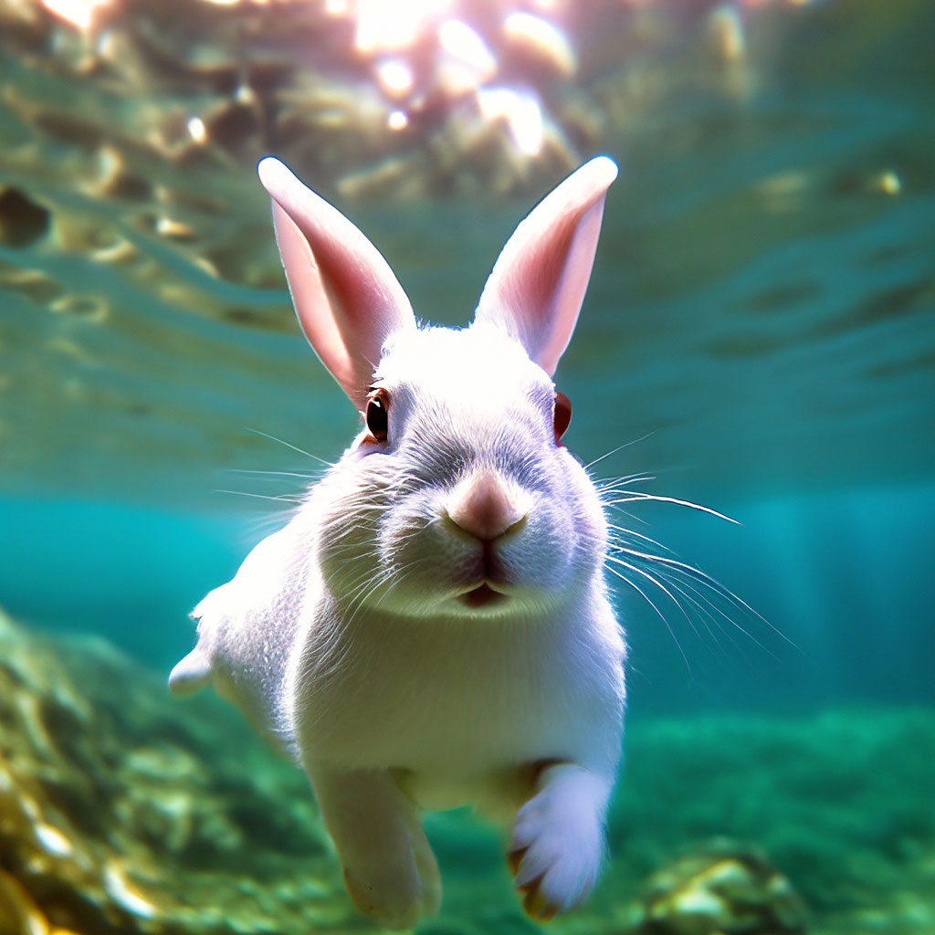 "A white rabbit swims in a clear sea and looks at my lens" — image ...