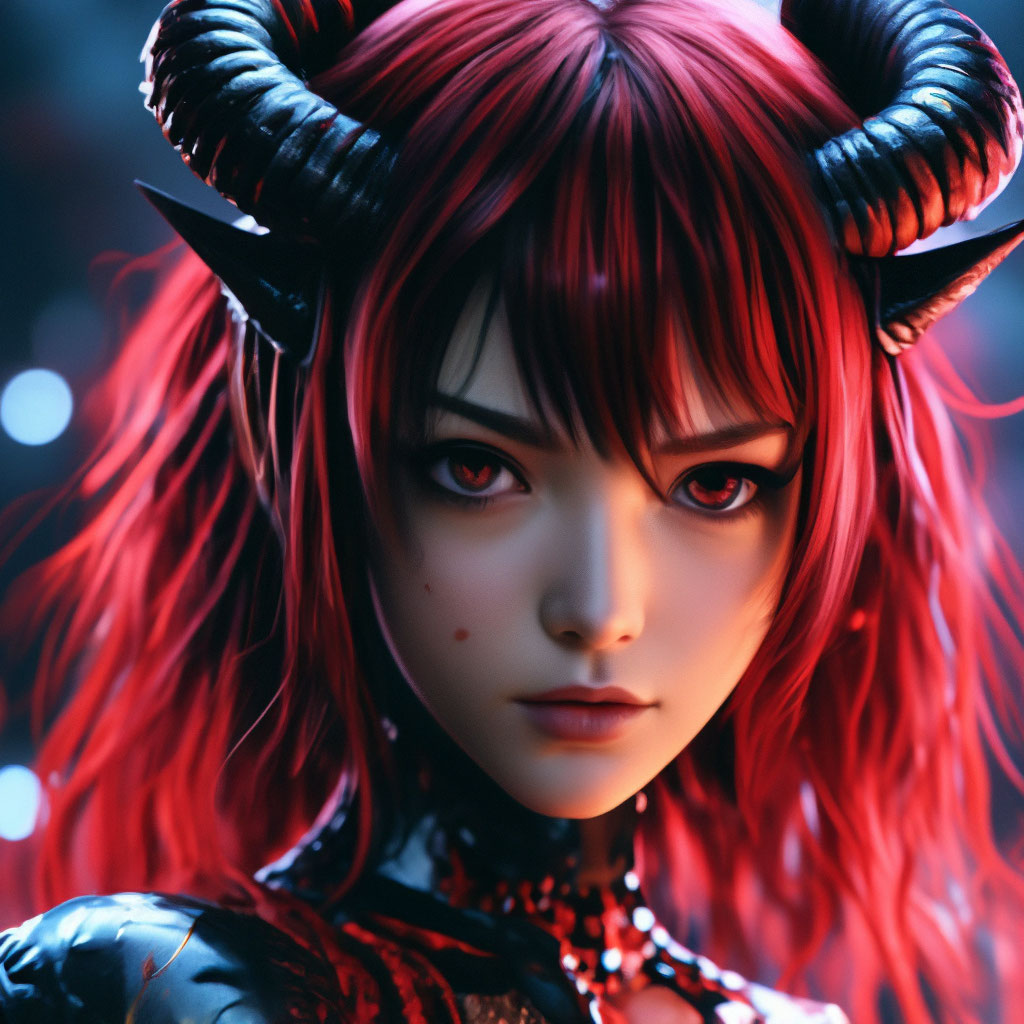 "A close-up of a red-and-black demon girl in anime art style is ...