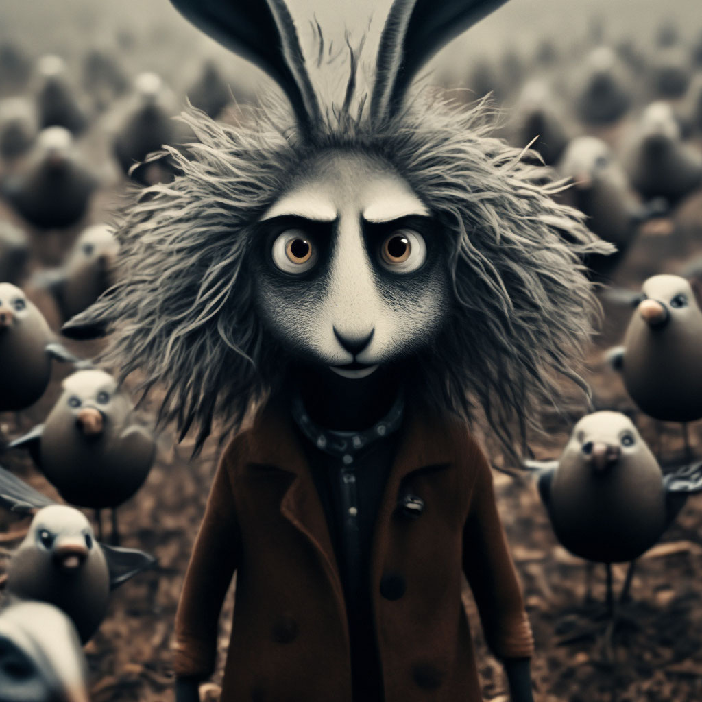 "An old hare with long hair makes his way through a flock of birds ...