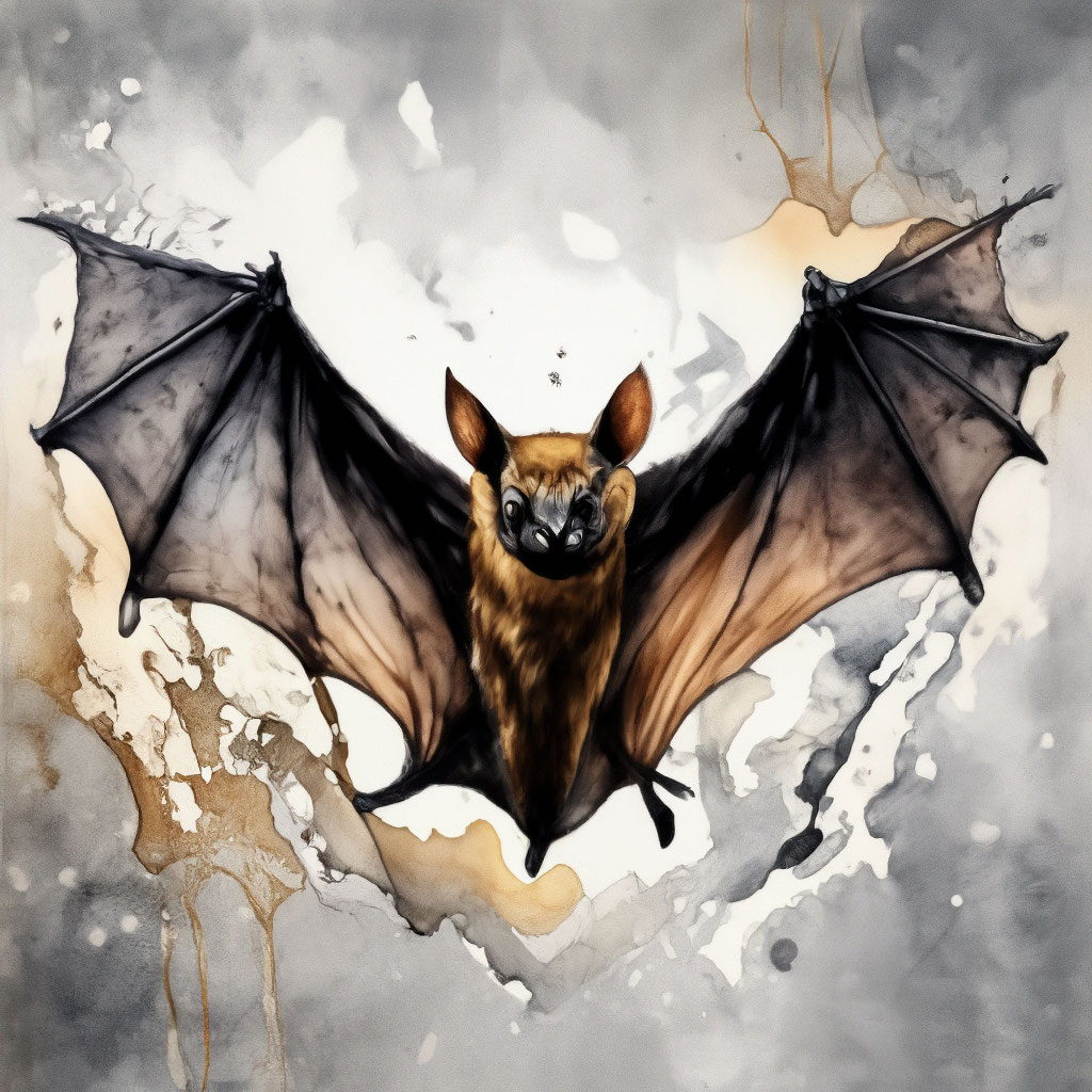 "Graphic bat in flight on a white sky background, watercolor graphics ...