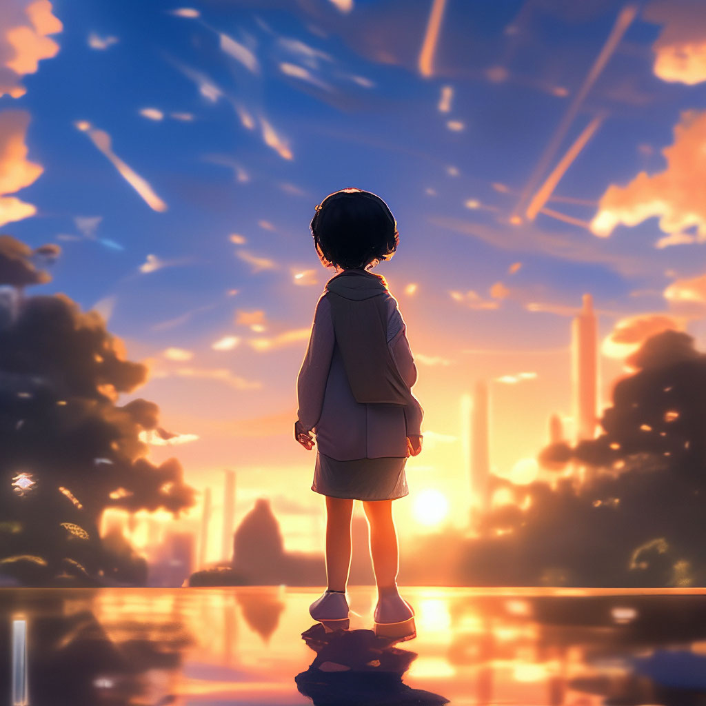 "A small person standing in the sunshine, full shot, atmospheric ...