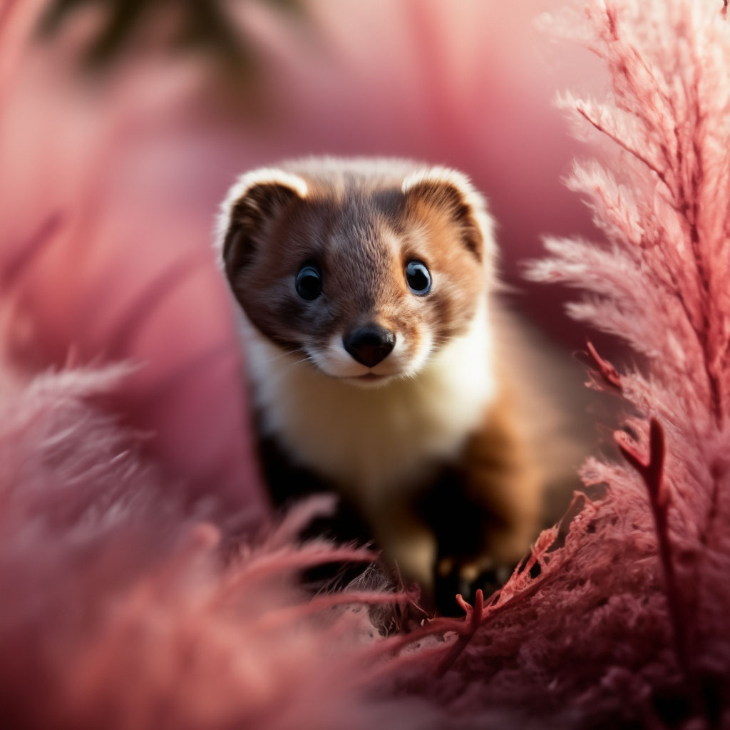 "A weasel sneaks through the thickets of fluffy pink grass,fantasy ...