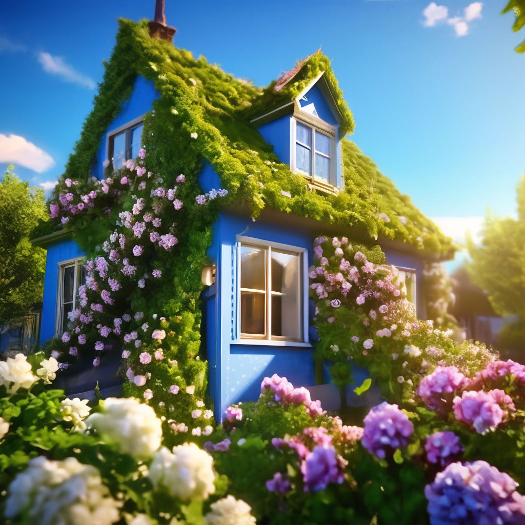 "A small rustic cozy house, covered with leaves of grapes and ivy ...