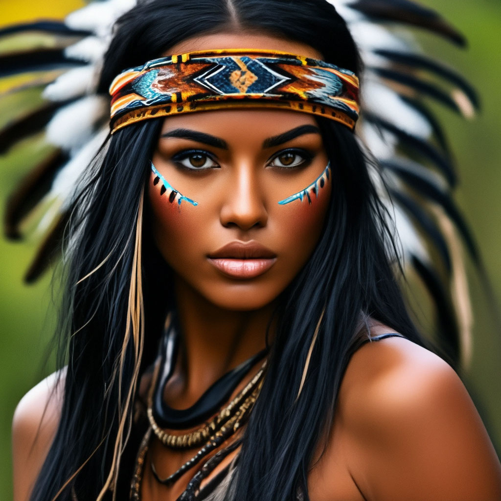 "Beautiful squaw girl, dark skin, black hair, perfect facial features ...