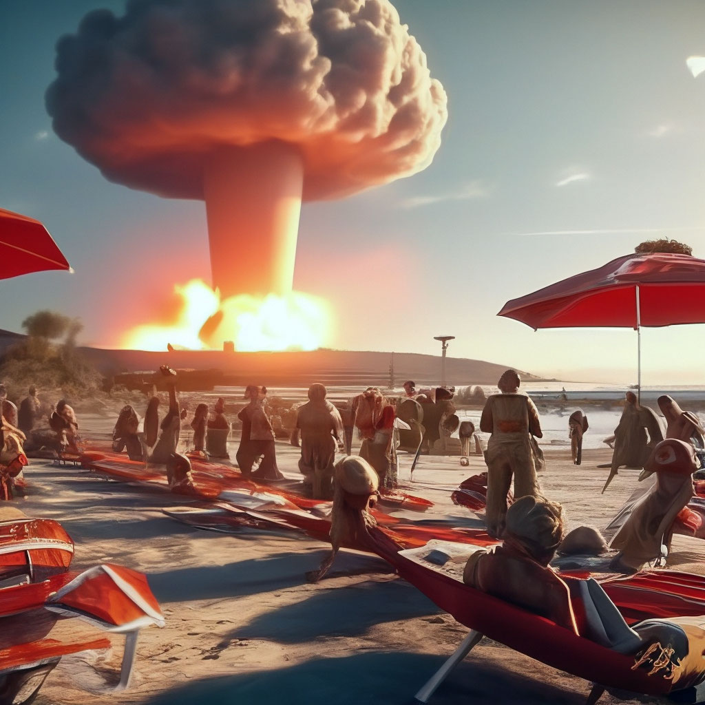 "Zombies tan on sun loungers and look at a nuclear explosion, horror ...