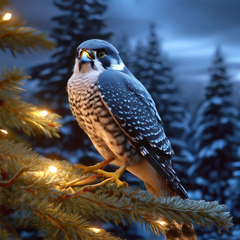 "Falcon sits on a branch of a fir tree, night, hyper realistic ...