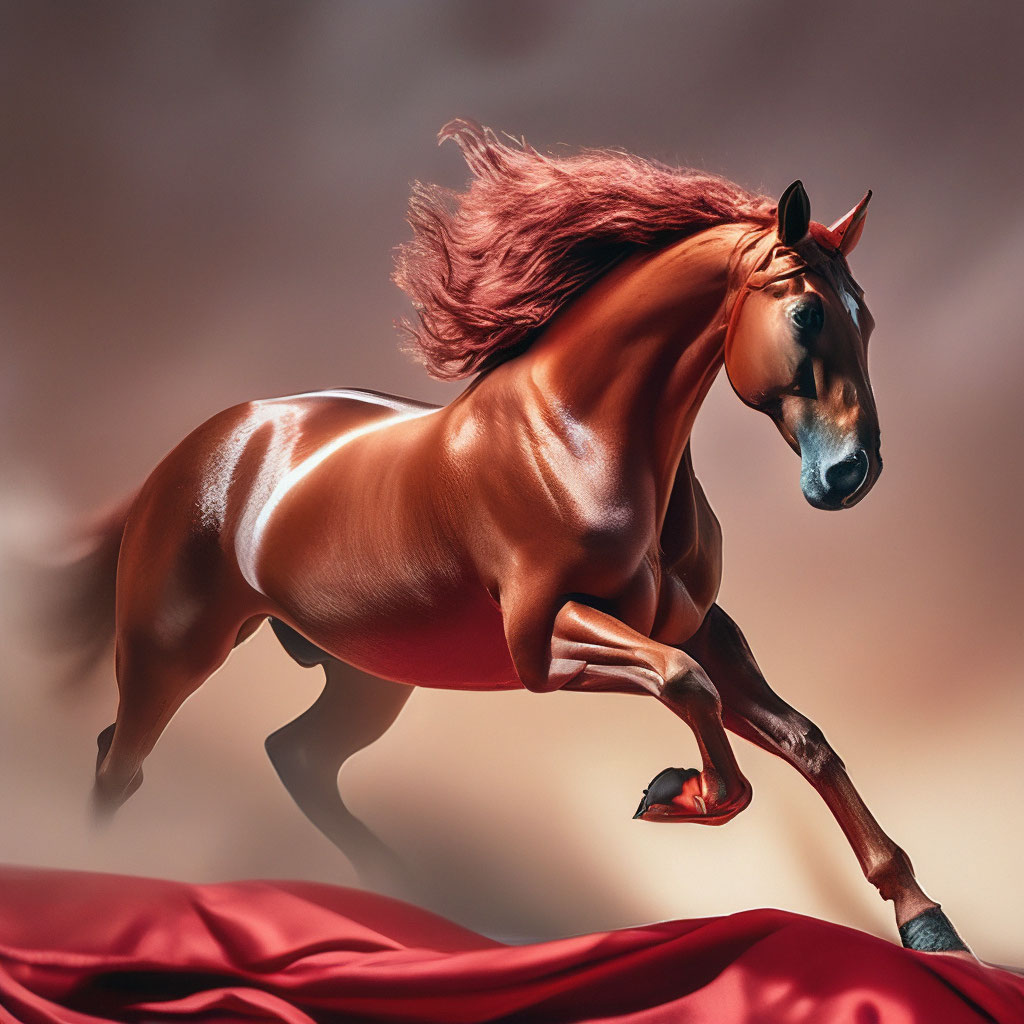 "Beautiful realistic horse of solid matte red color, metamorphosis ...