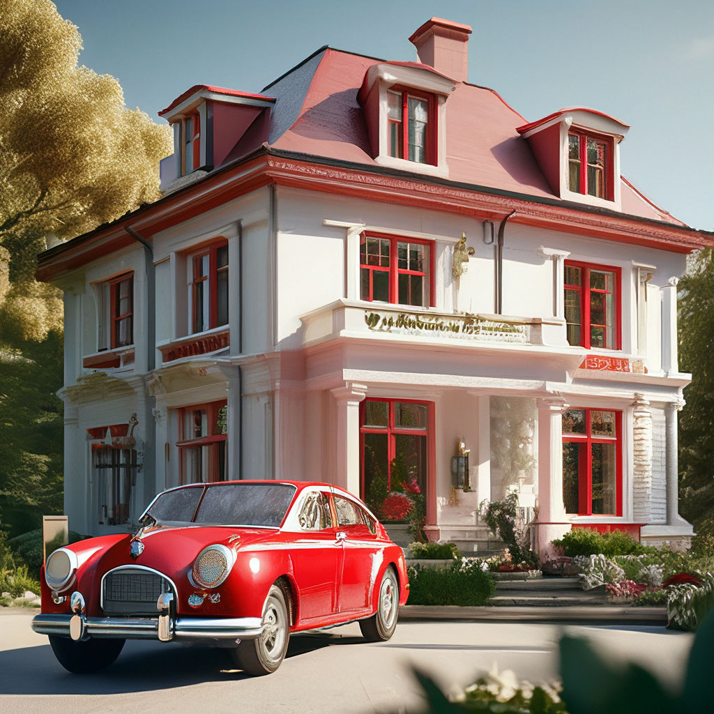 "One-storey house is hyper-realistic,beautiful,with a veranda,red car ...