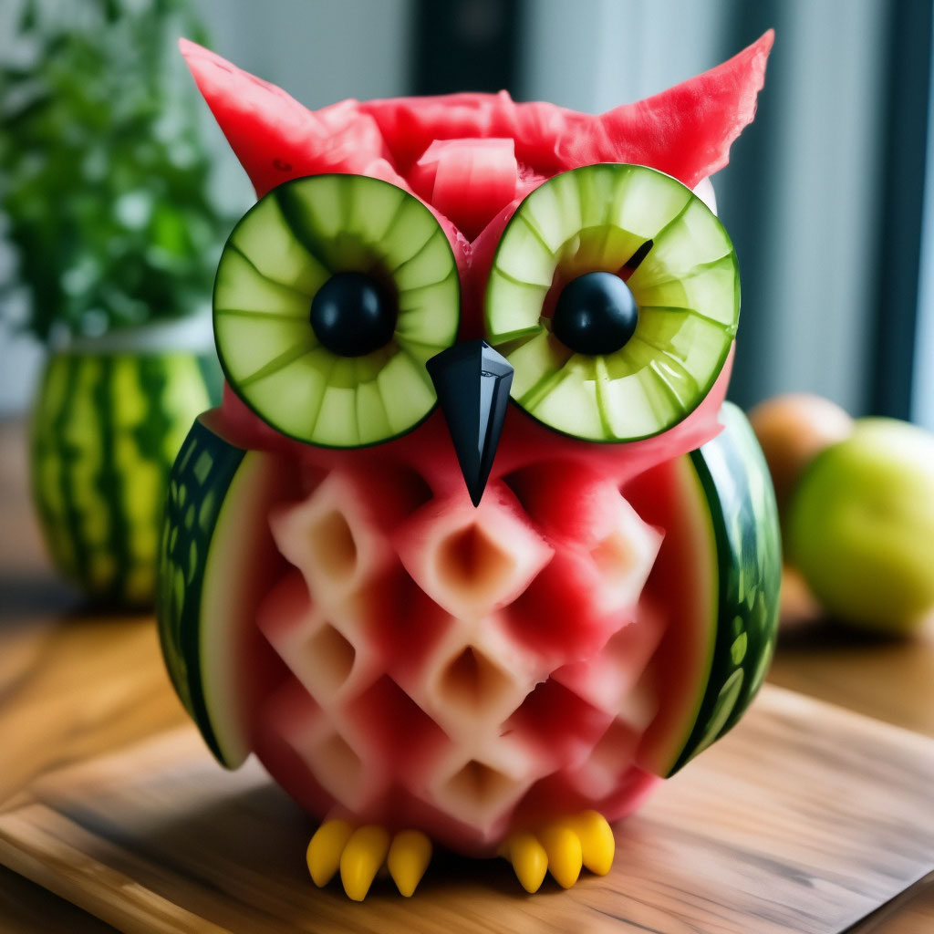 "An owl figurine made of watermelon" — image created in Shedevrum