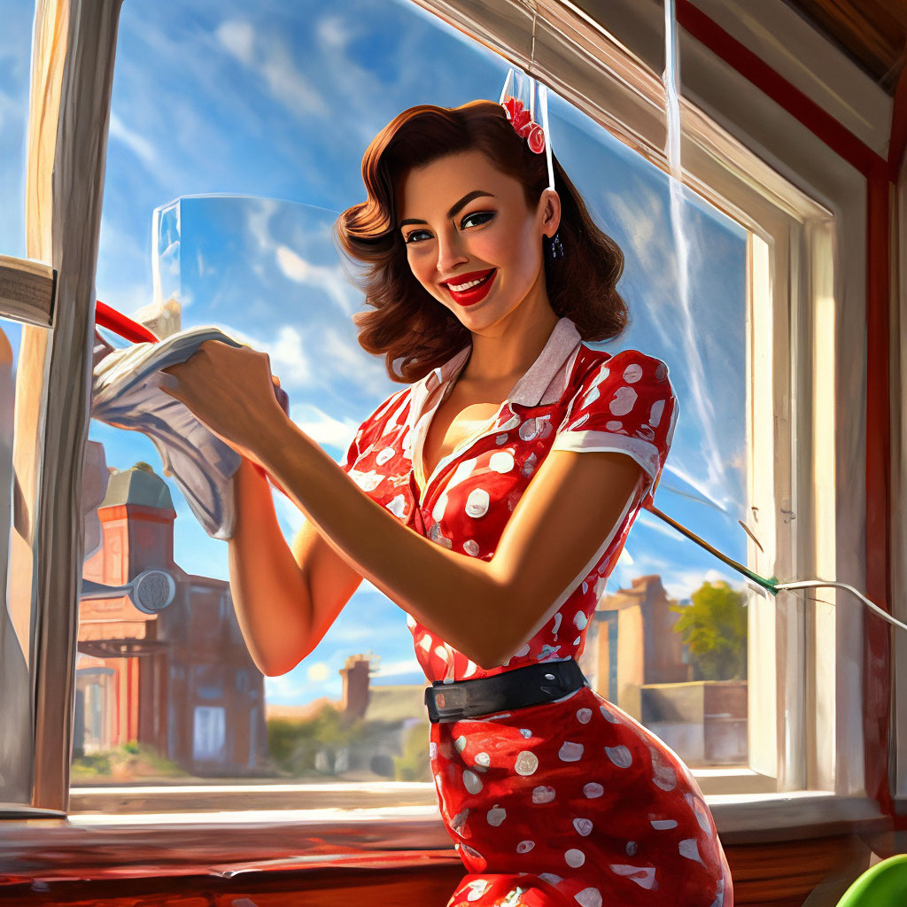 "A pin-up art girl in the 40s washes a window with high detail" — image ...