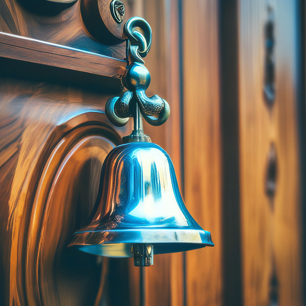 "A shiny bell on a wooden door" — image created in Shedevrum