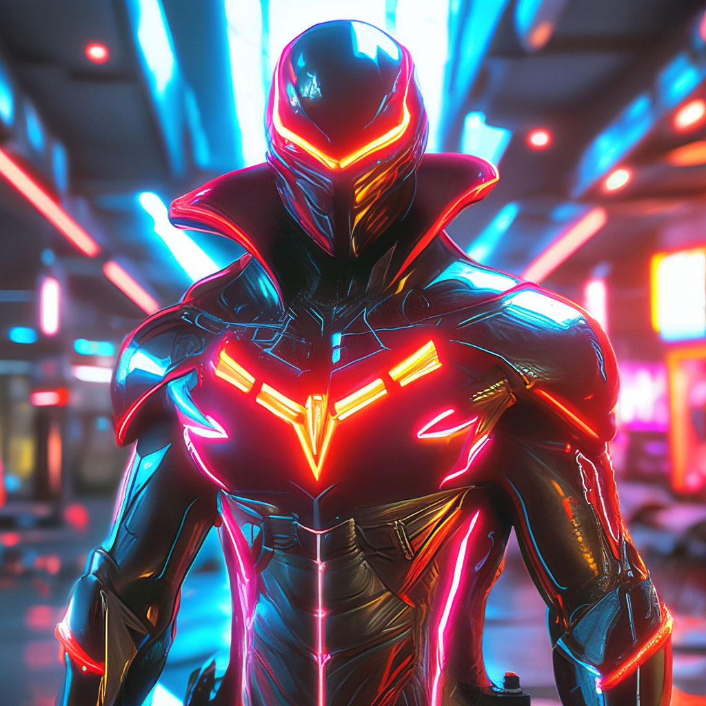 "Spawn, imagine comics, red cape, cyberpunk, neon, metallic luster ...