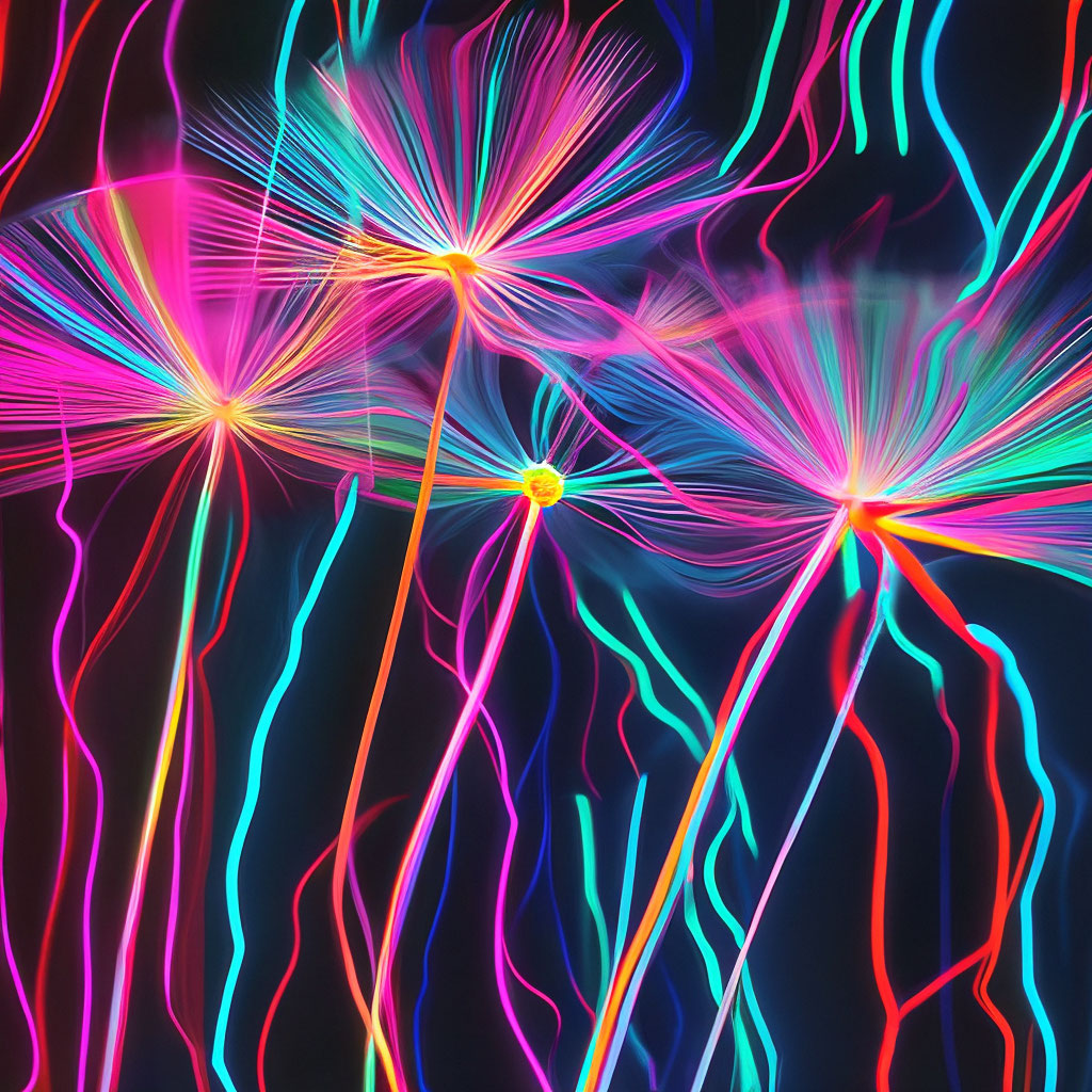 "Neon striped lines on dandelion seeds" — image created in Shedevrum