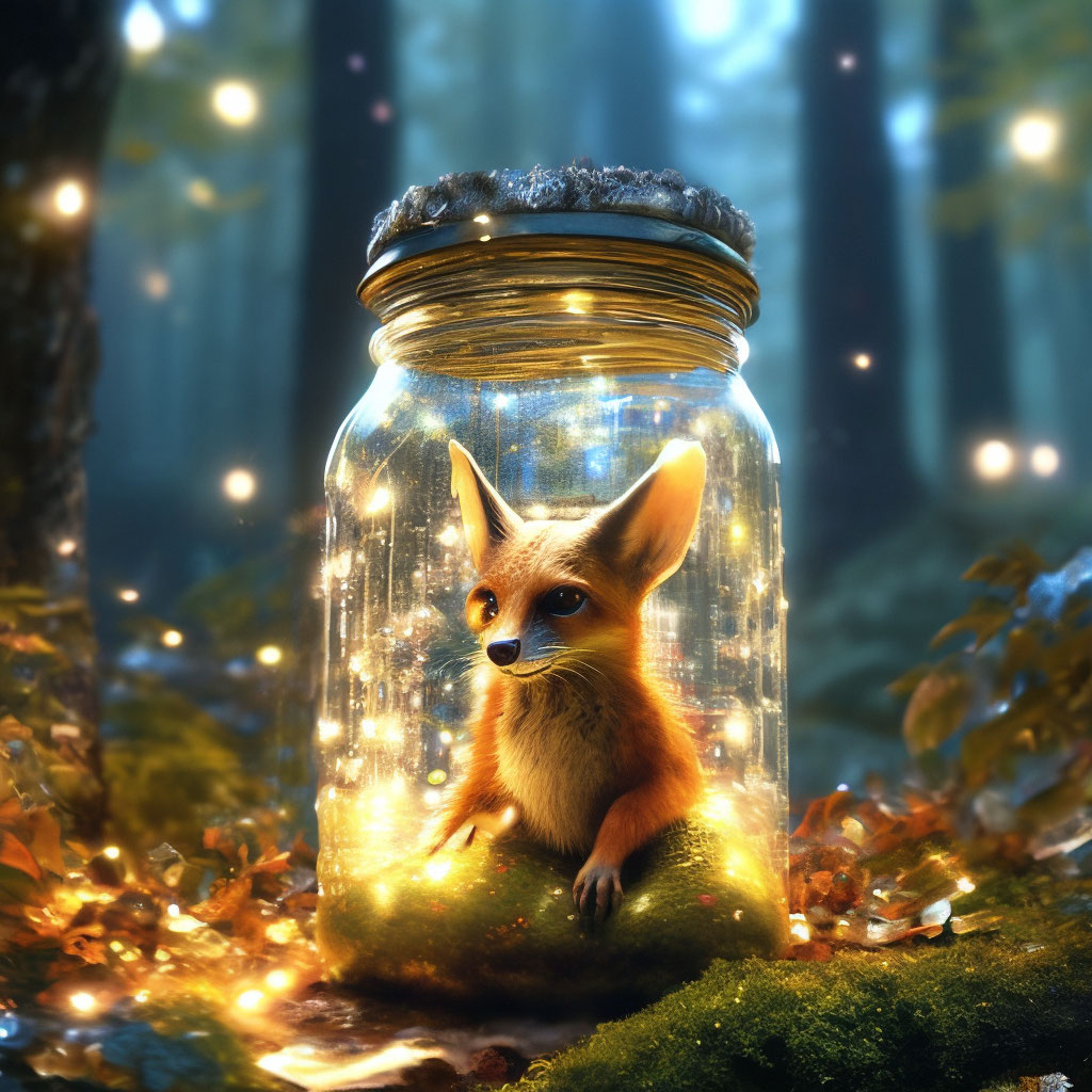 "Anthropomorphic creature in a jar, fabulous forest, oaks, soft light ...