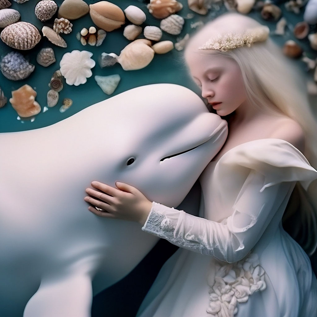 "A girl, an albino humanoid embraces a white beluga whale, small shells ...