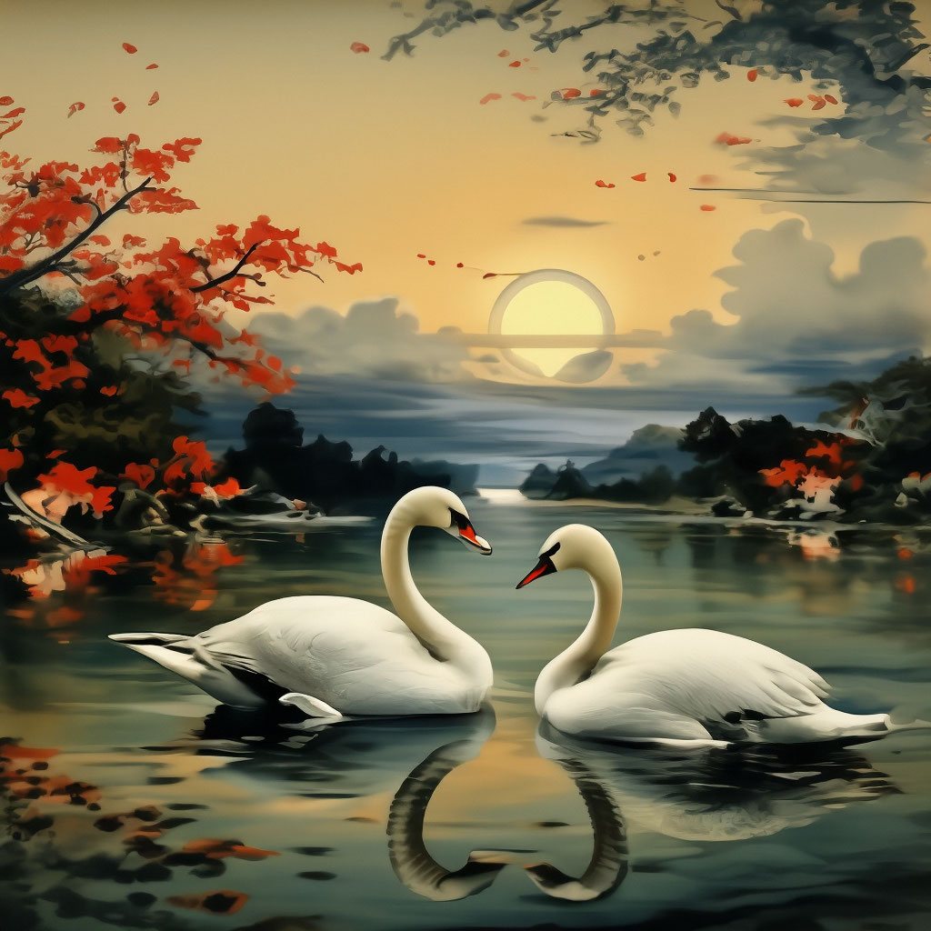 "The sky, clouds, a flock of birds. lake. swans. Japanese engraving ...