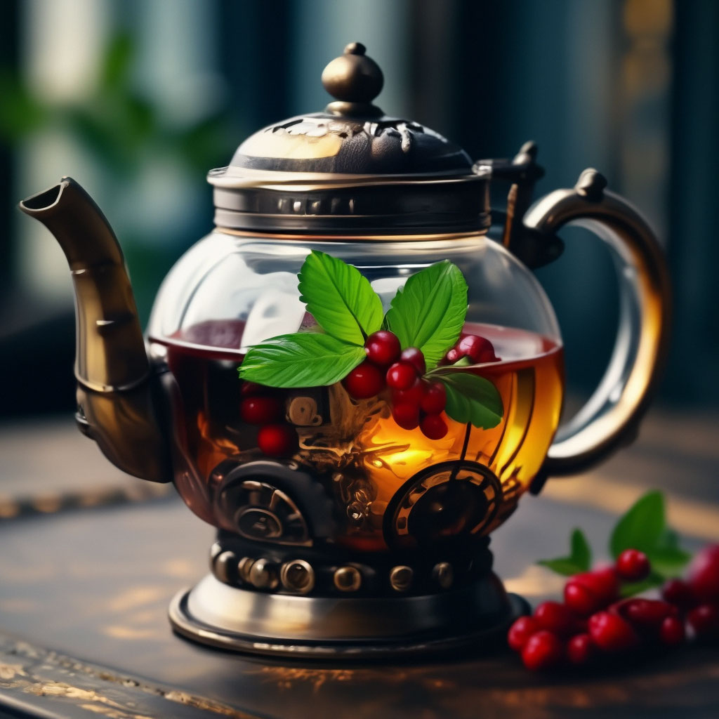 "Glass, transparent teapot, mint leaf and lingonberry inside" — image ...