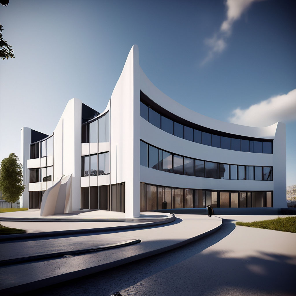 "Visualization of three buildings of a low white modern factory stand ...