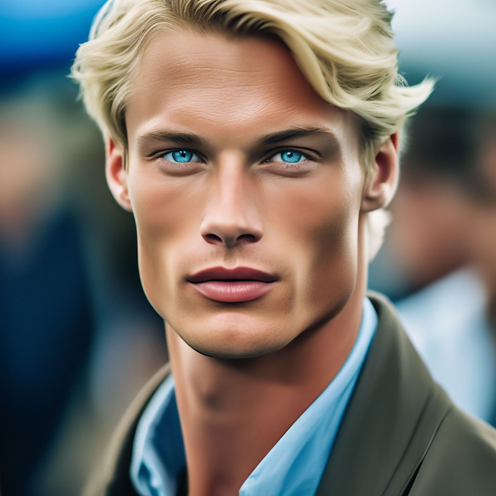 "A tall, tanned man with blond hair. Blue eyes" — image created in ...