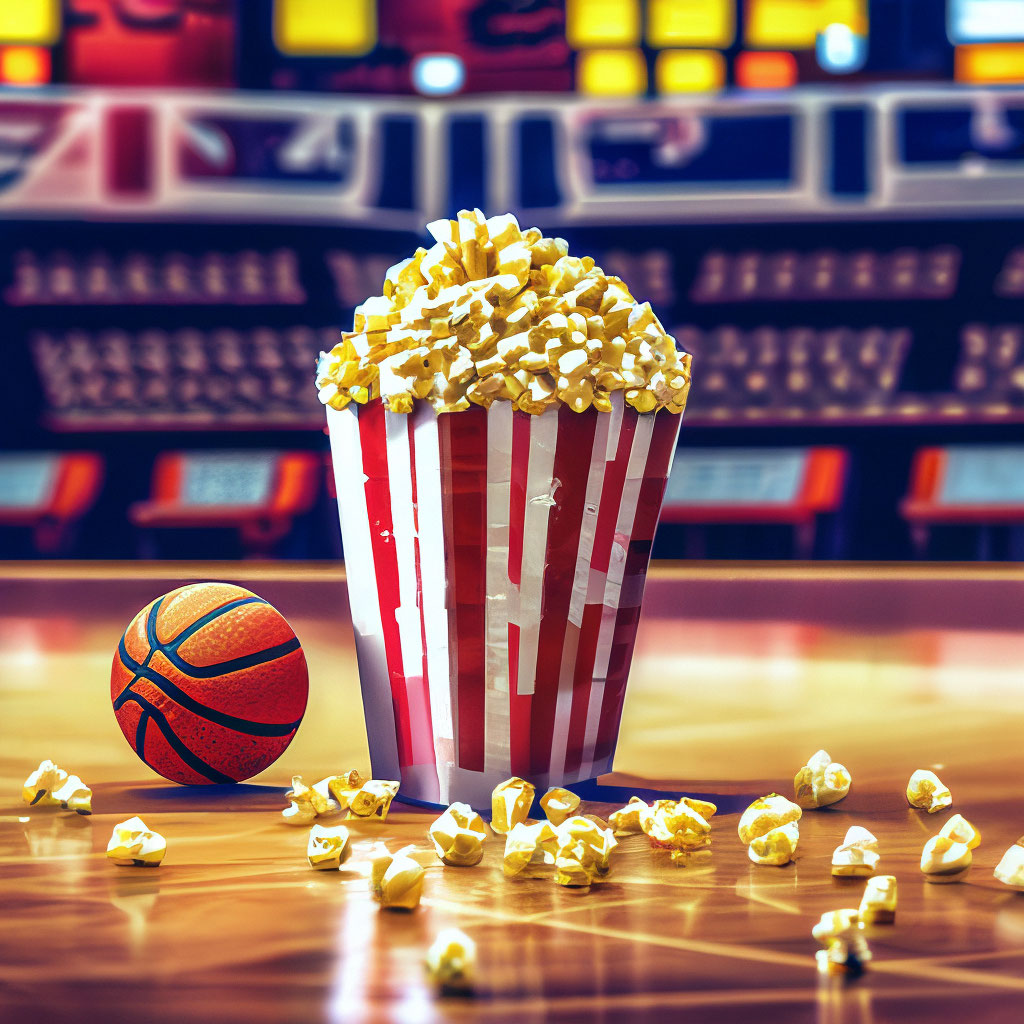 "Popcorn on the basketball court with a basketball" — image created in ...