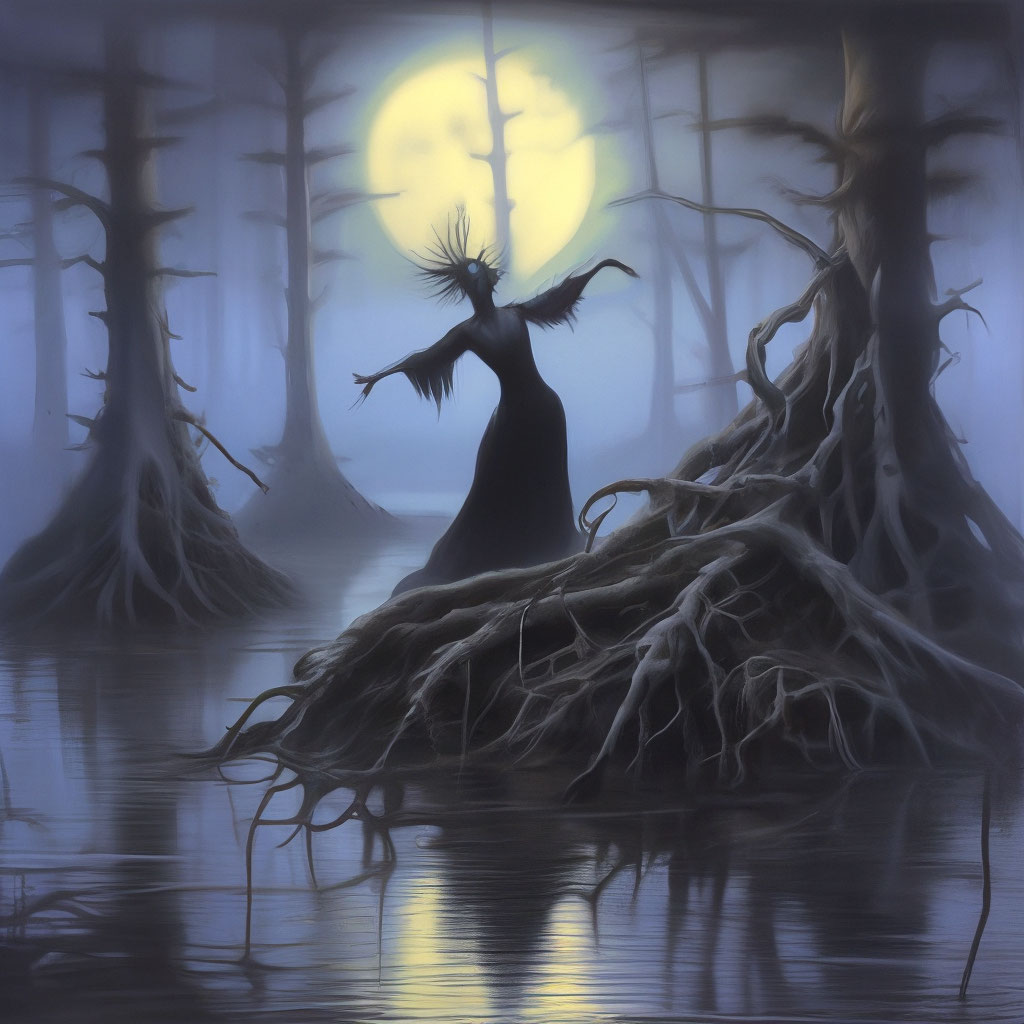 "Demonic dancing in the swamp, stumps, roots, moon" — image created in ...