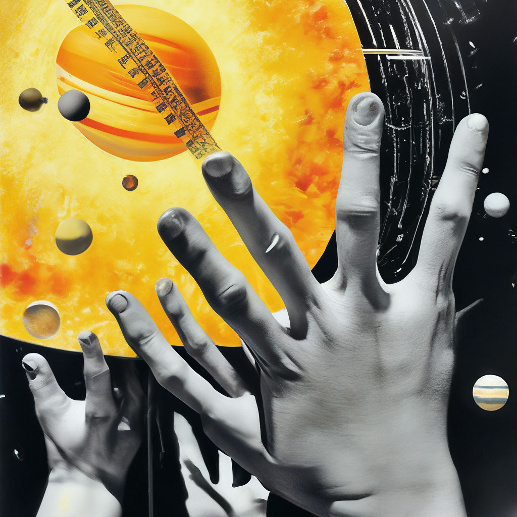 "Hands ending at the elbow, flying around the sun in space, planets ...